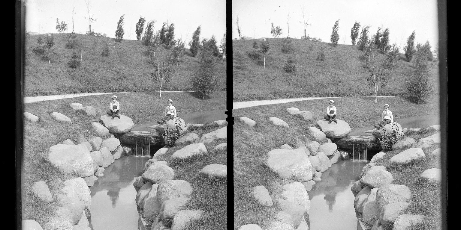 Ralph and Marshall near Waterfall and Rocks, Botanical Gardens ...