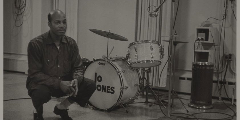 Jo Jones, recording studio, N.Y.C., c. 1956 (w/ bass drums) · Brooklyn ...