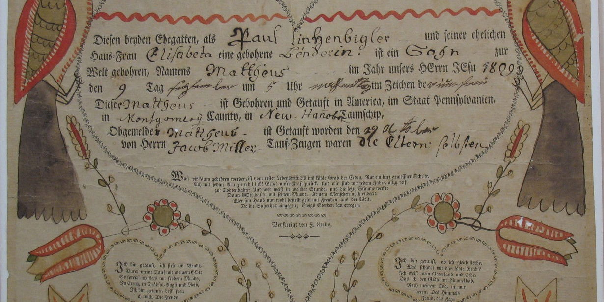 Pennsylvania-Dutch Birth Certificate for Matthew Linkzenbigler ...